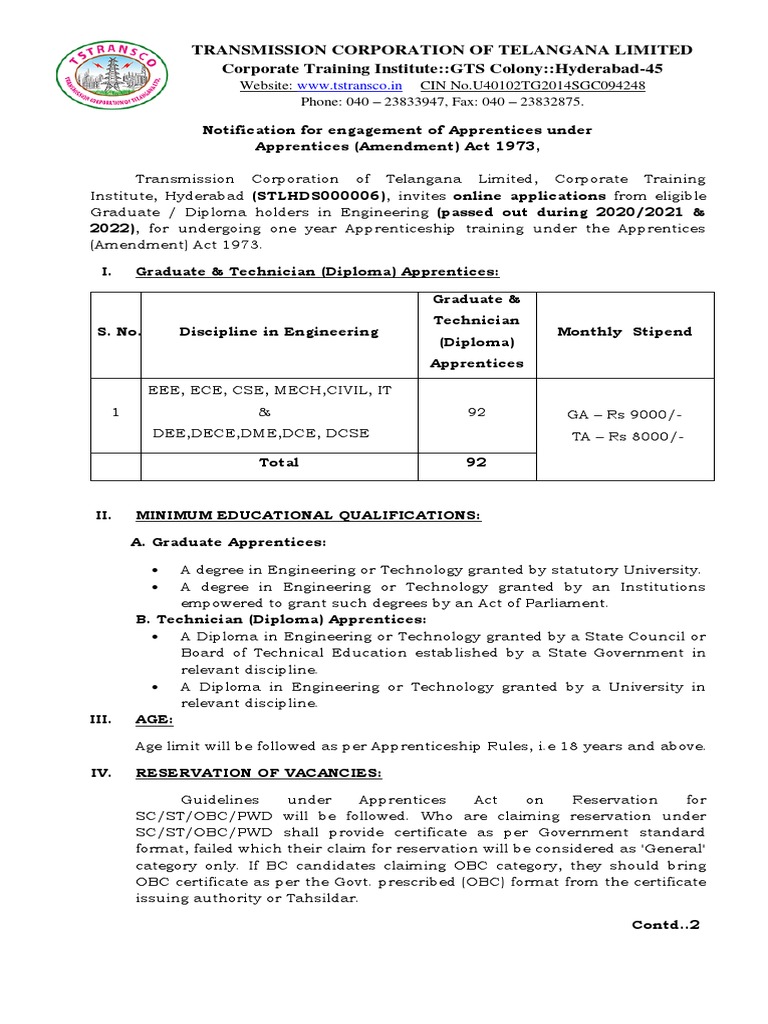 Notification TSTRANSCO Graduate and Diploma Apprentice Posts | PDF ...