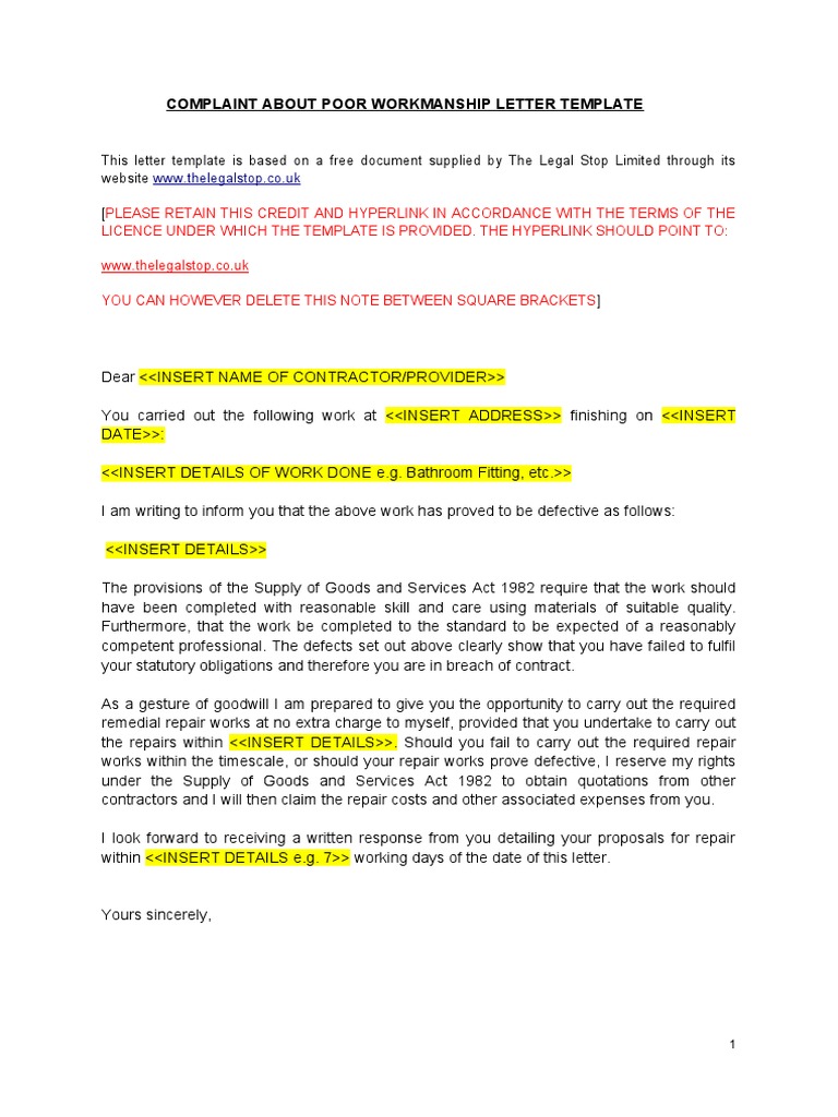 Complaint Letter for Poor Workmanship | PDF | Finance & Money Management
