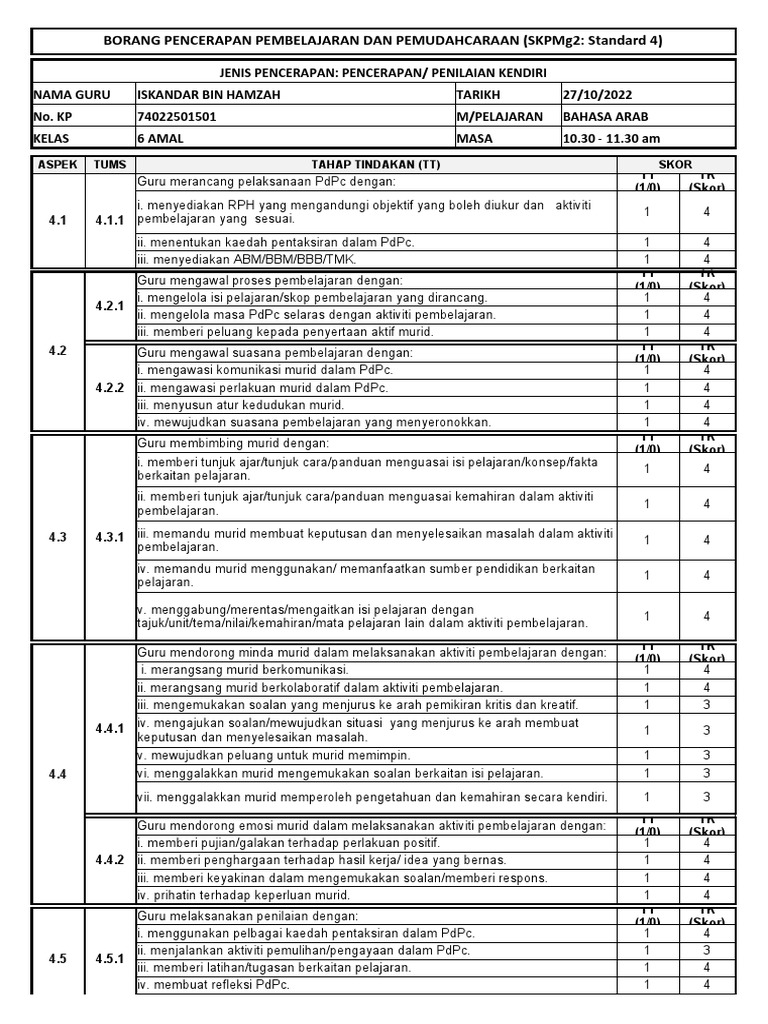 Borang Pencerapan Pembelajaran Dan Pemudahcaraan (Skpmg2: Standard 4) | PDF