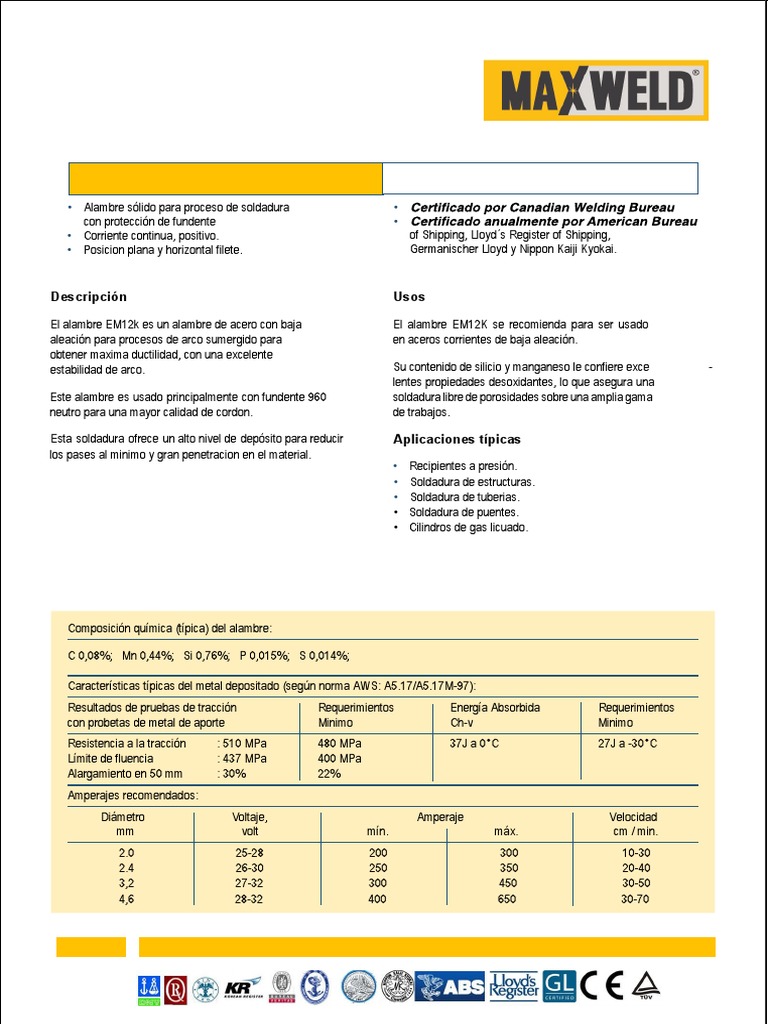 Ficha Em12k Maxweld | PDF | Soldadura | Construcción
