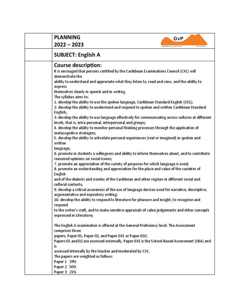 CSEC English A Course Planning 2022-2023 | PDF | Reading Comprehension ...