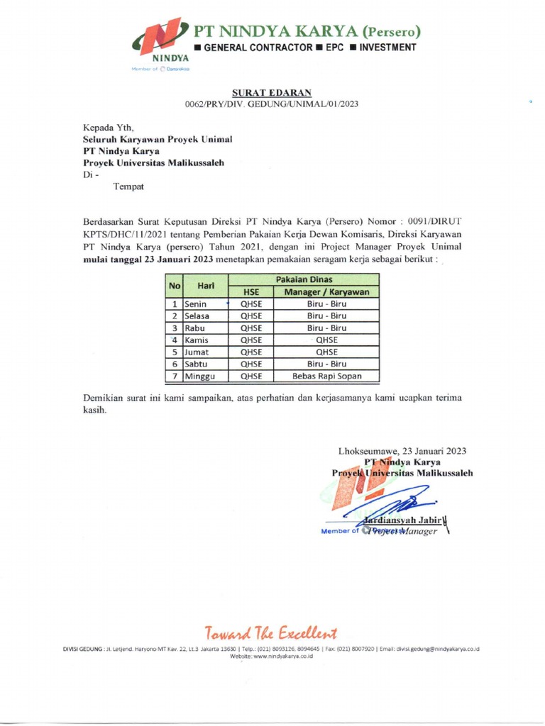 Surat Edaran Pemakaian Seragam Proyek | PDF