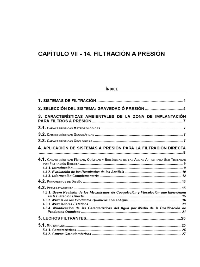 Capítulo Vii - 14. Filtración A Presión: Ndice | PDF | Filtración | Agua