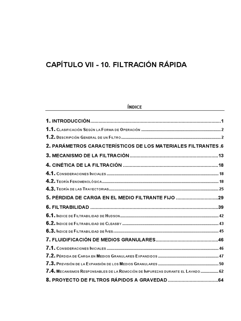 Capítulo Vii - 10. Filtración Rápida: Ndice | PDF | Filtración | Agua