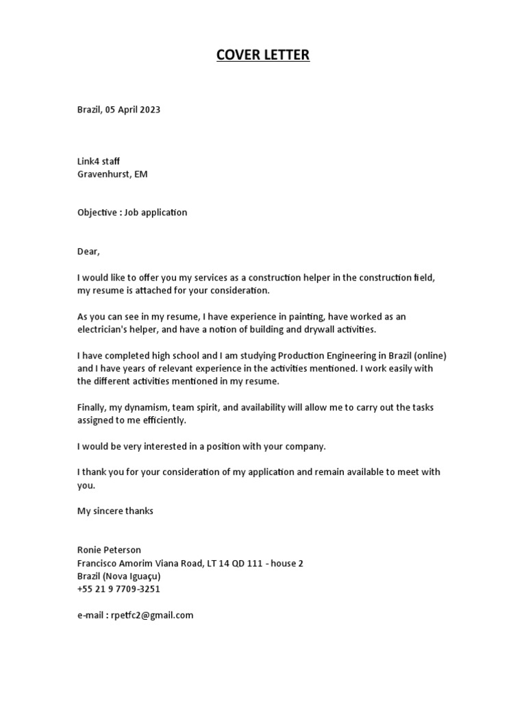 Construction Helper Application Letter | PDF | Career & Growth