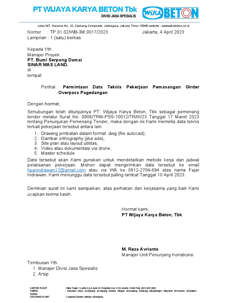 Surat Permintaan Data Proyek JBT Pagedangan BSD Sinar Mas | PDF