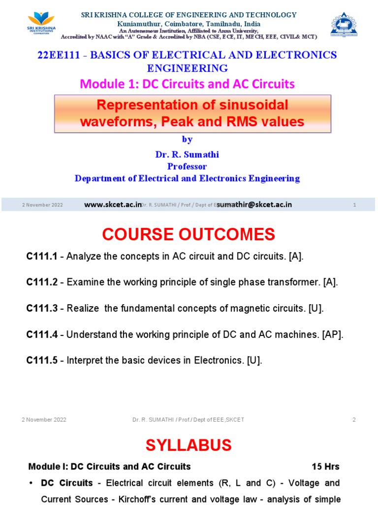 Module 1: DC Circuits and AC Circuits: Representation of Sinusoidal ...
