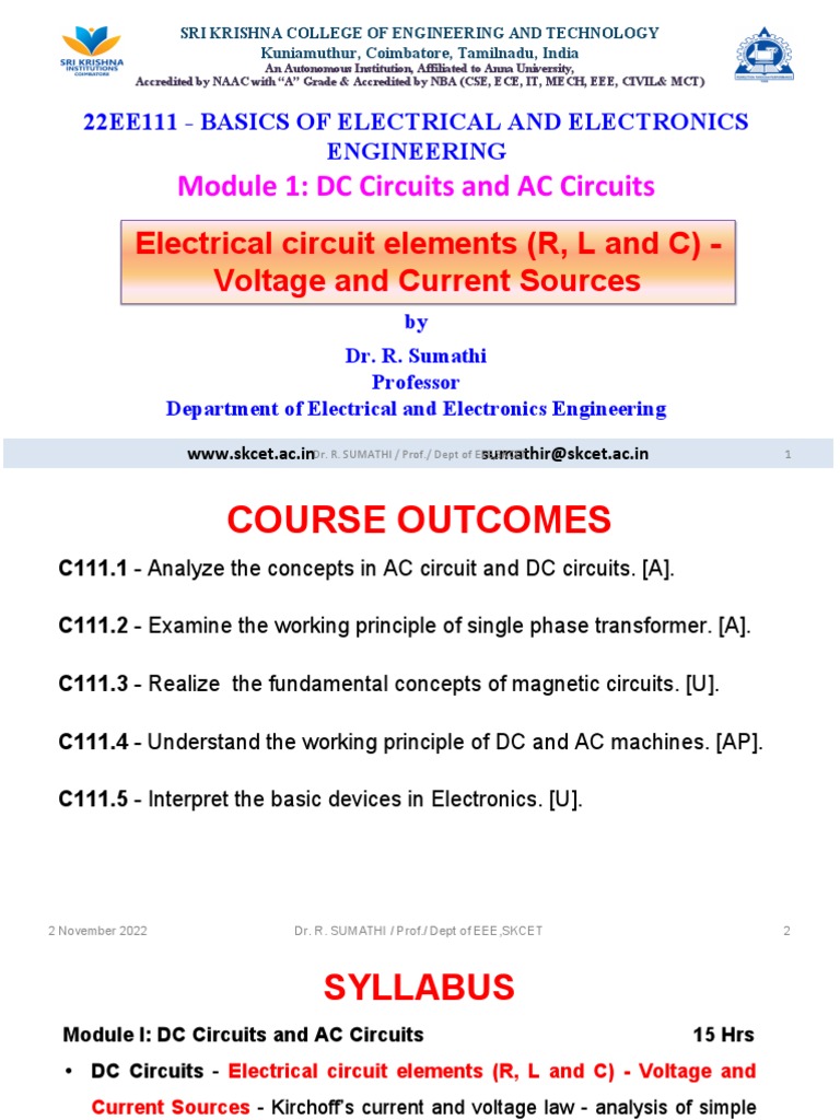 Module 1: DC Circuits and AC Circuits: Electrical Circuit Elements (R, L and C) - Voltage and ...