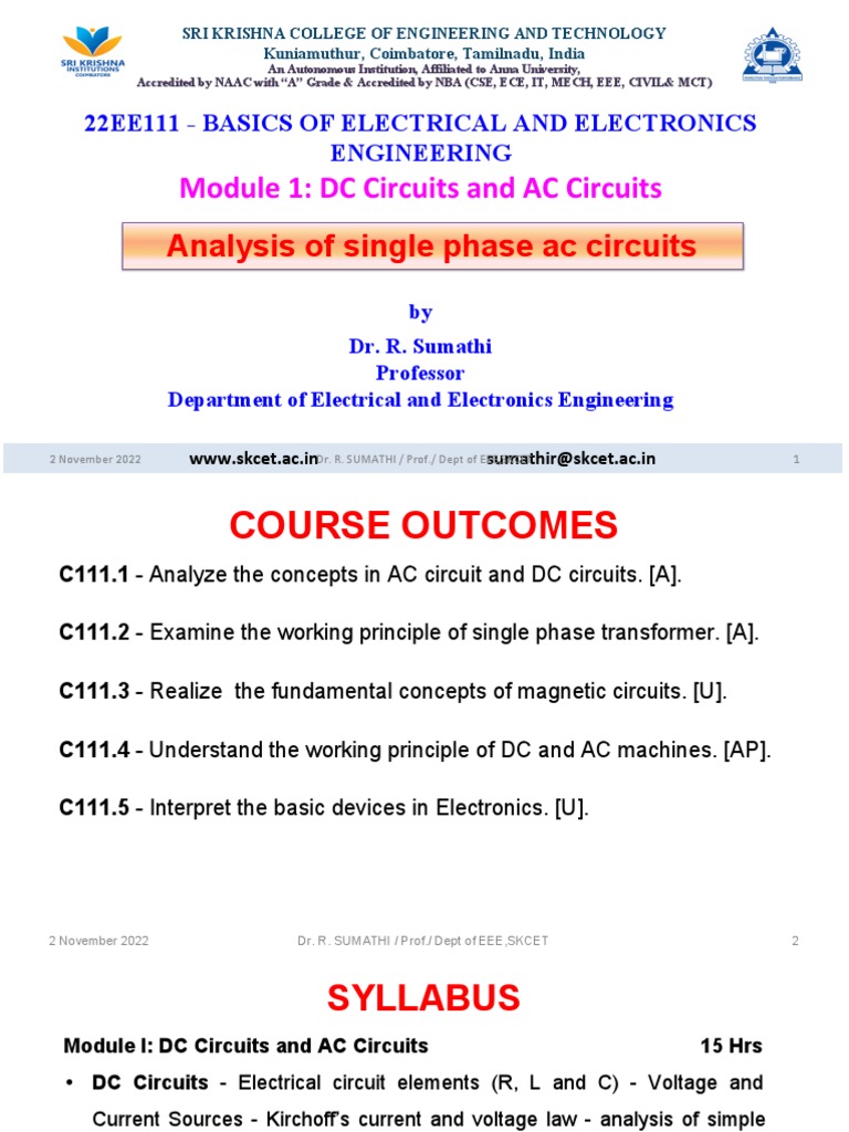 SKCET EEE Professor Analyzes AC Circuits | PDF | Electrical Impedance | Series And Parallel Circuits