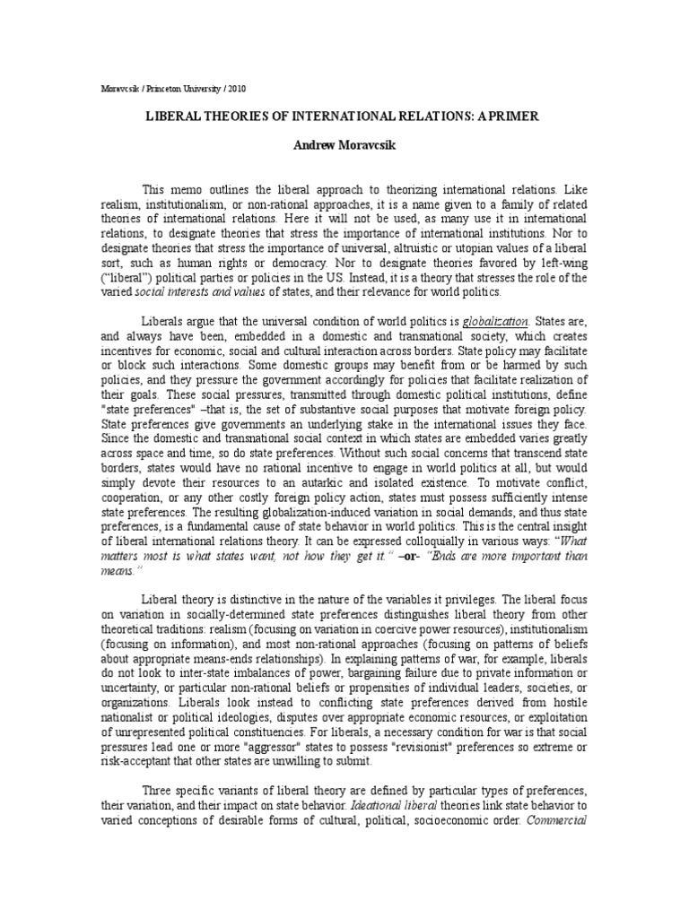 Liberal Theories Of International Relations A Primer Pdf
