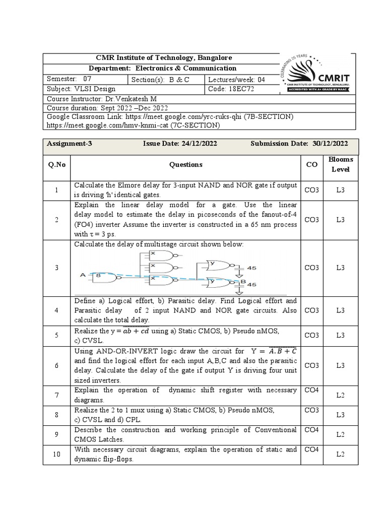 CMR Institute of Technology VLSI Design Assignment-3 | PDF | Logic Gate | Cmos
