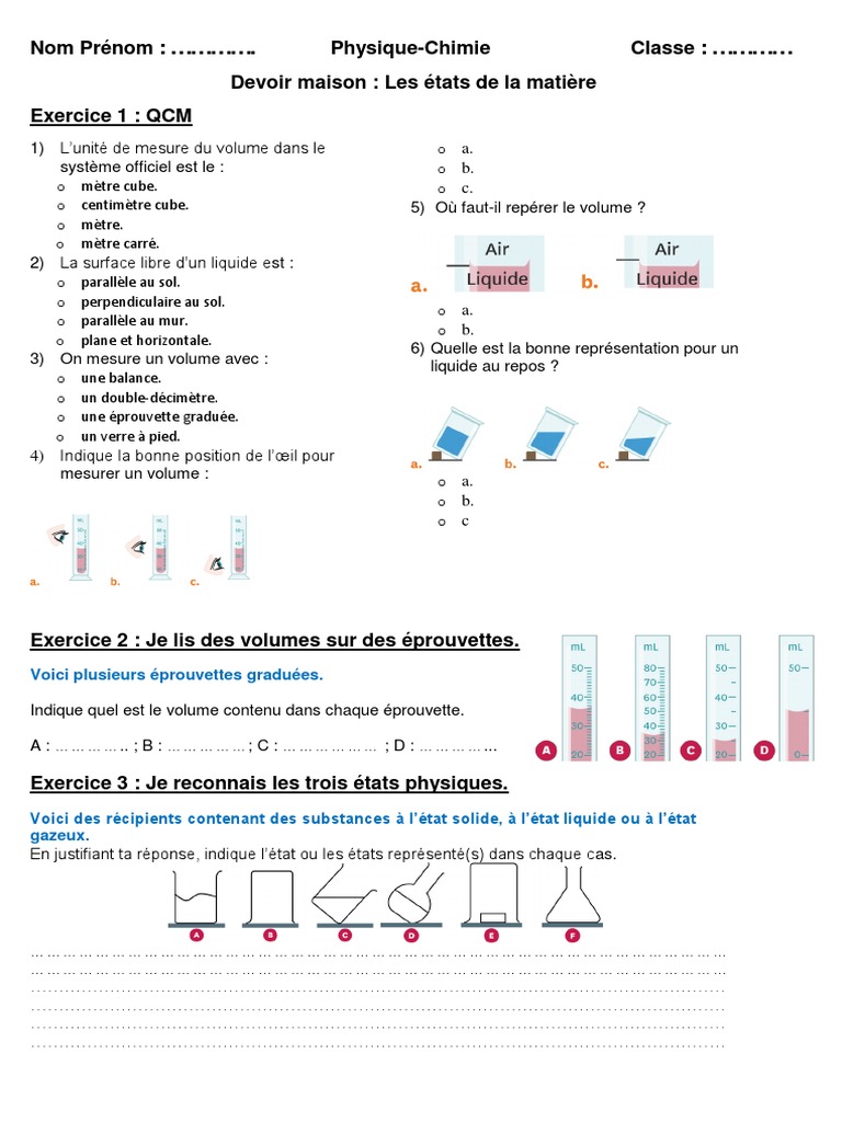 Devoir sur les états de la matière 5ème | PDF