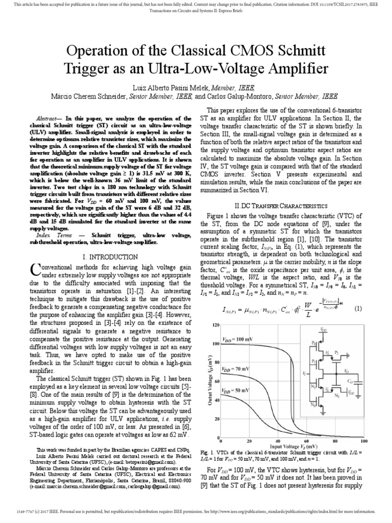 Operation of The Classical CMOS Schmitt | PDF | Mosfet | Amplifier