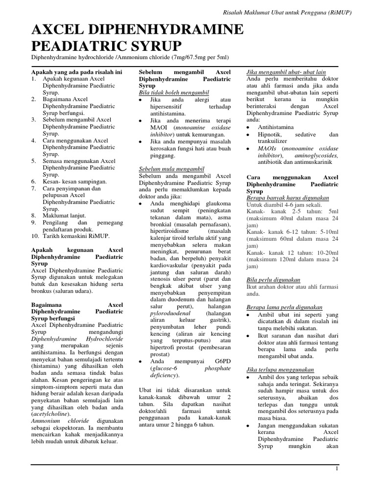 Axcel Diphenhydramine Paediatric Syrup Diphenhydramine Ammonium ...