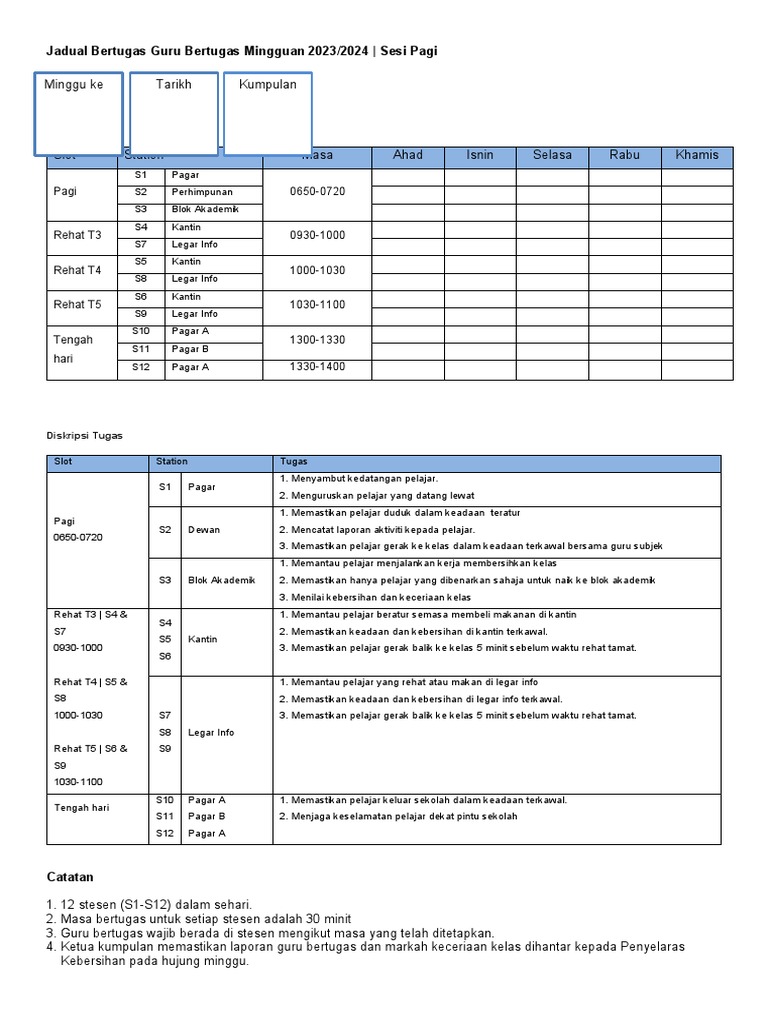Agihan Tugas Guru Bertugas Sesi Pagi 2023 | PDF