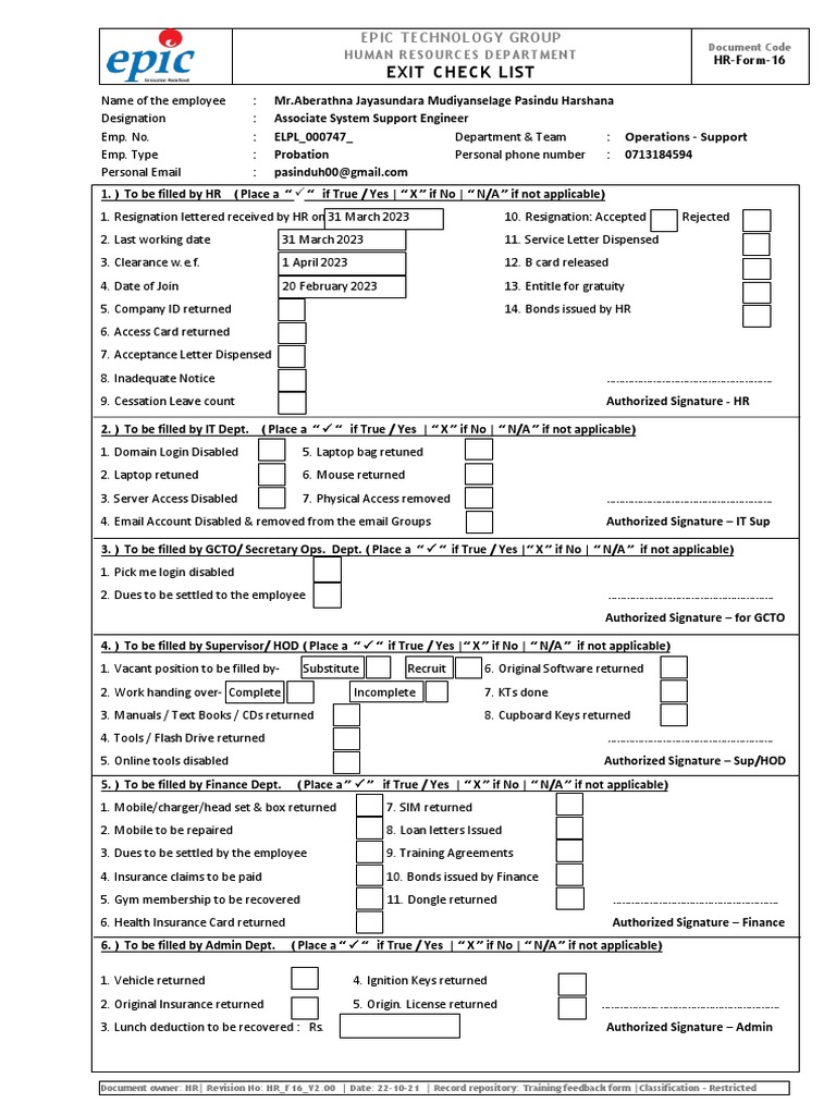 Exit Checklist - Pasindu | PDF | Computing