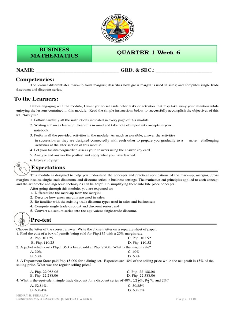 Business Mathematics Quarter 1 Week 6: NAME: - GRD. & SEC. | PDF ...