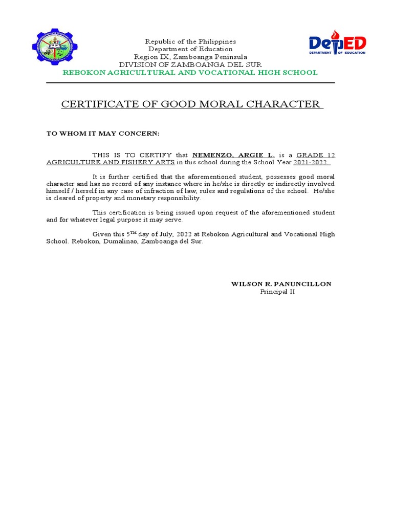 Certificate of Good Moral Character | PDF | Finance & Money Management ...