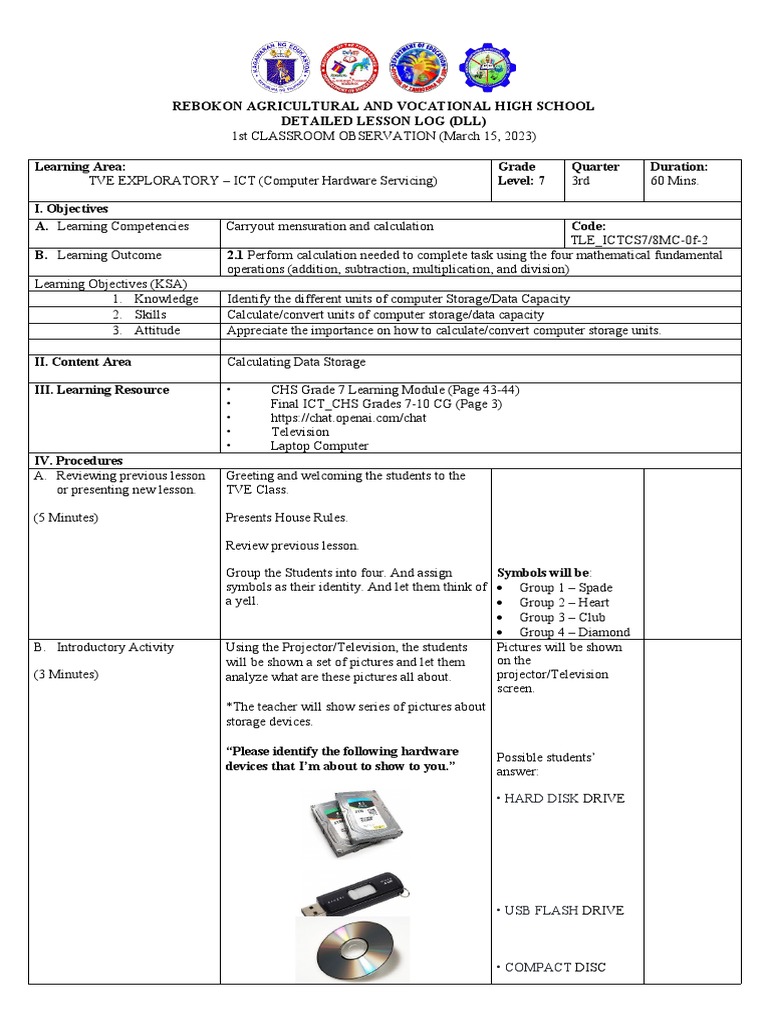 COT - 1 2023 Lesson Plan - Carryout Mensuration and Calculation | PDF | Byte | Computer Data Storage