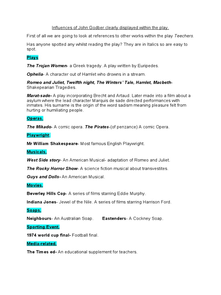 John Godber's Influences in Teechers | PDF | Entertainment | Performing ...