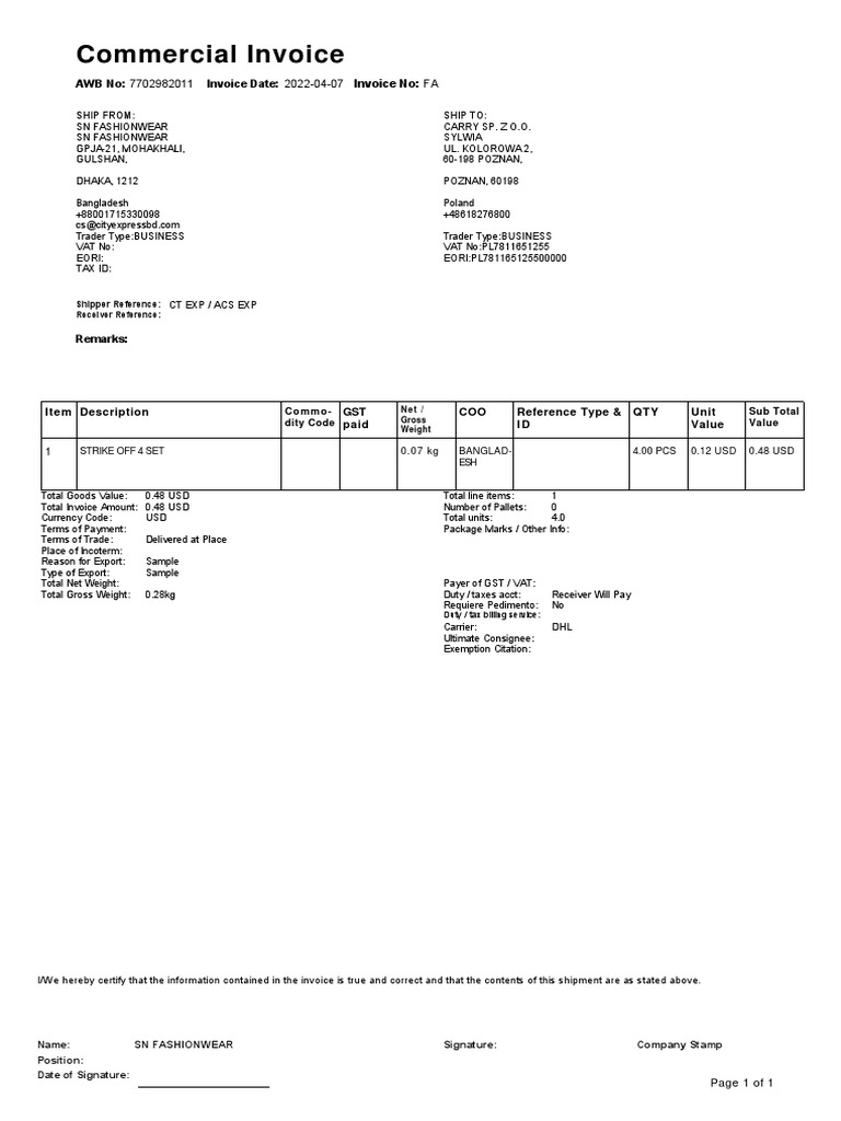 Commercial Invoice: AWB No: 7702982011 Invoice Date: 2022-04-07 Invoice No: FA | PDF | Value ...