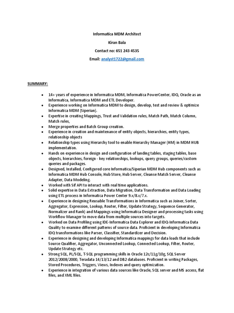 Kiran Bala Informatica Resume | PDF | Databases | Microsoft Sql Server