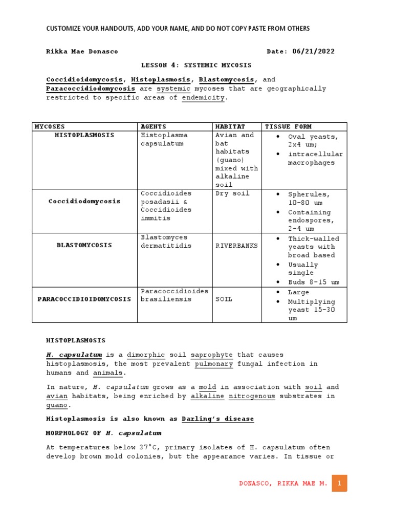 LESSON-4-SYSTEMIC-MYCOSIS - Donasco Handouts | PDF | Causes Of Death | Epidemiology