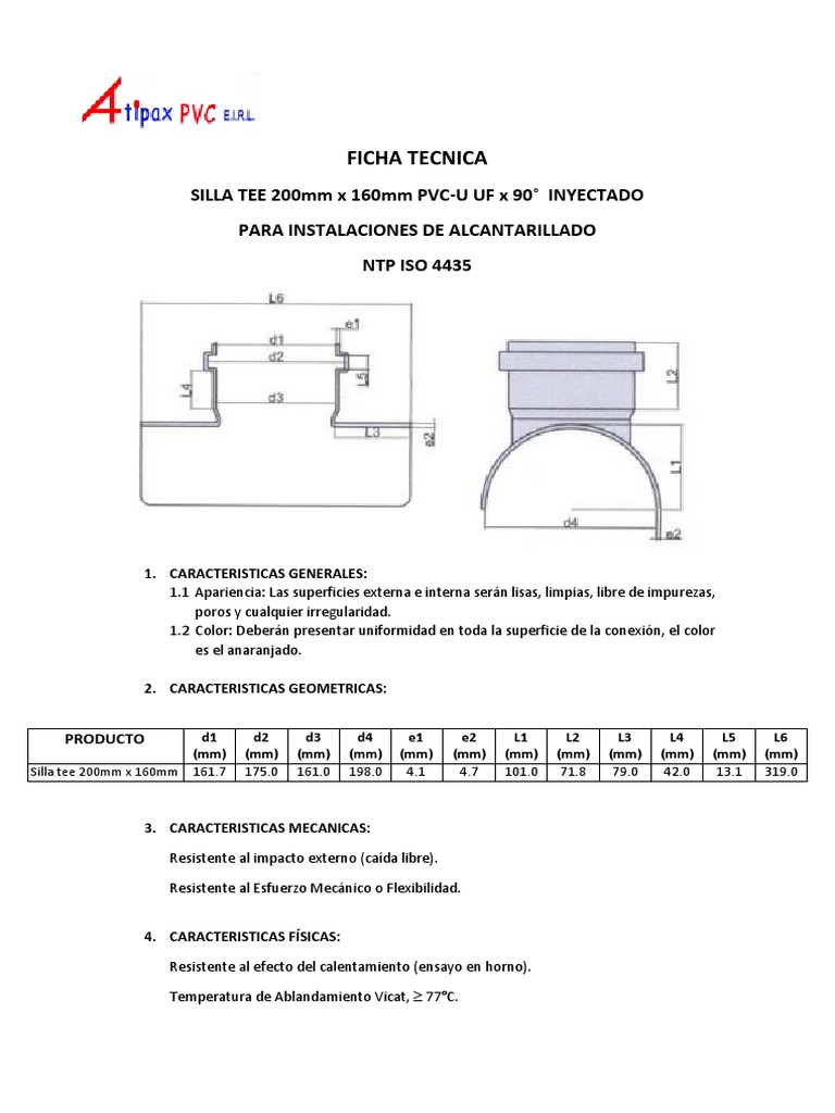 Ficha Tecnica: Silla Tee 200Mm X 160Mm Pvc-U Uf X 90° Inyectado para ...