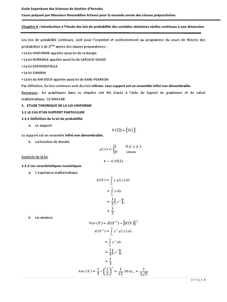 Chapitre 4 Introduction A L'etude Des Lois de Probabilite Des Variables ...