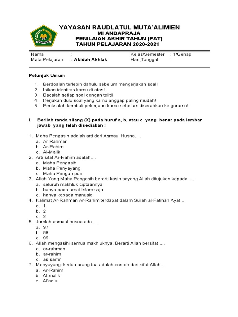 Soal PAT Akidah Akhlak Kelas 1 | PDF