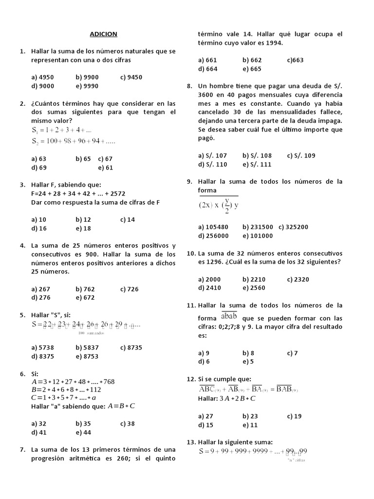 Adicion: A 3+12+27+48+.... +768 B 2+4+6+8+... +112 C 1+3+5+7+.... +a A B+C | PDF | Matemáticas ...