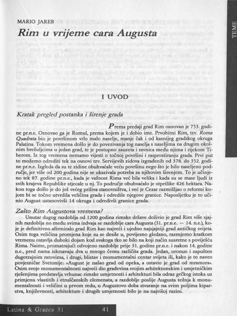 Rim U Vrijeme Cara Augusta: Kratak Pregled Postanka I Širenje Grada | PDF