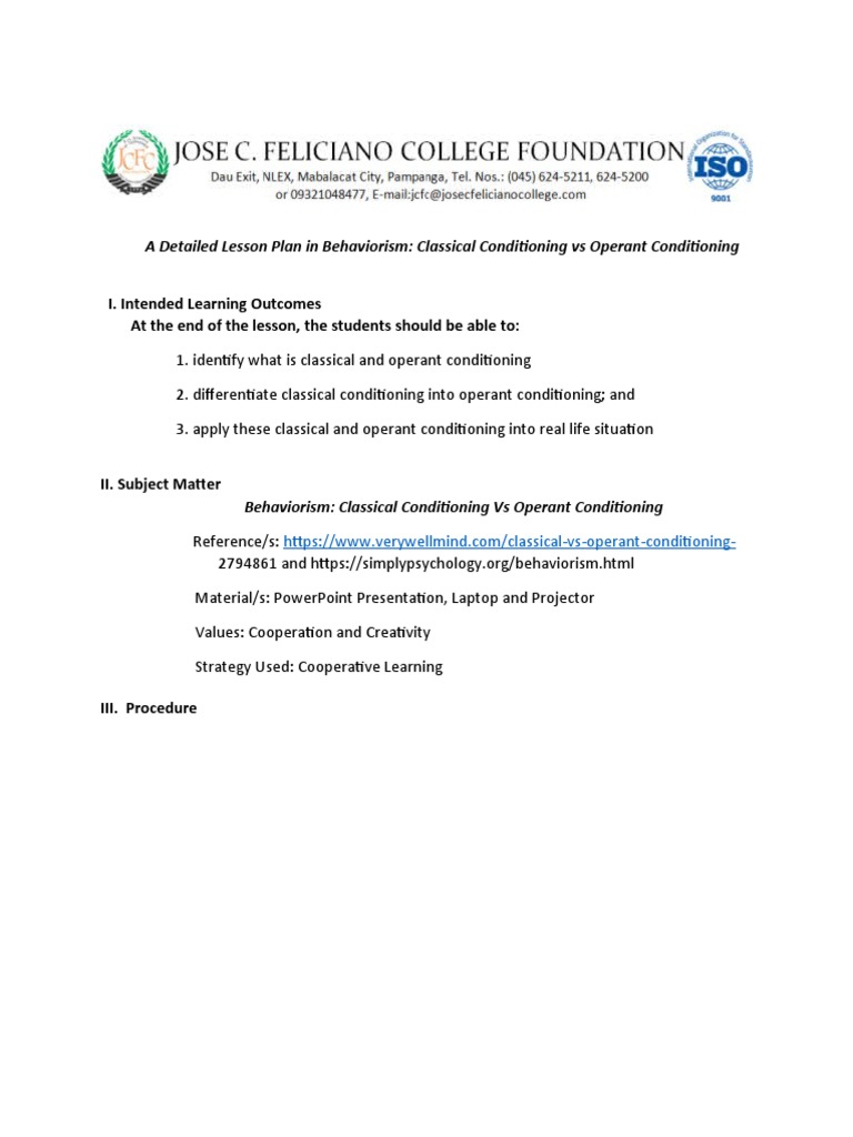 Lesson Plan Ped 9 | PDF | Reinforcement | Classical Conditioning