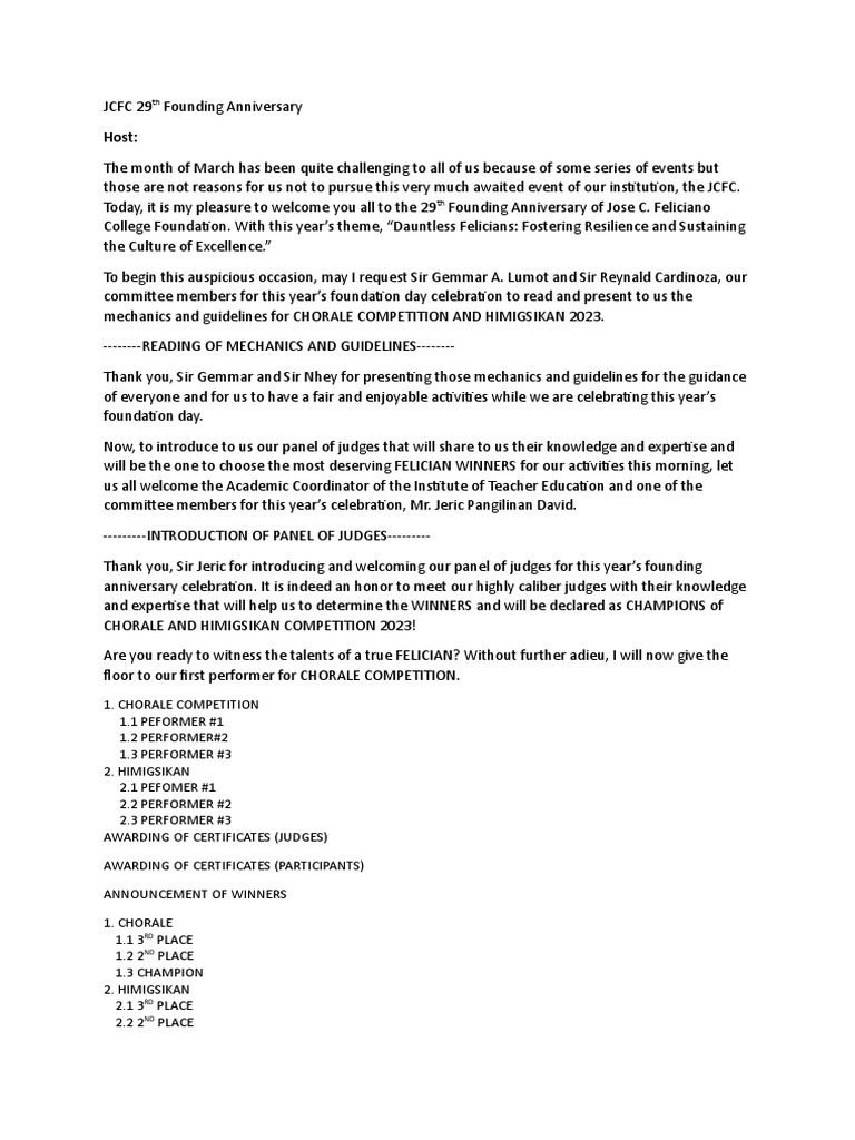 JCFC 29th Founding Anniversary Script | PDF