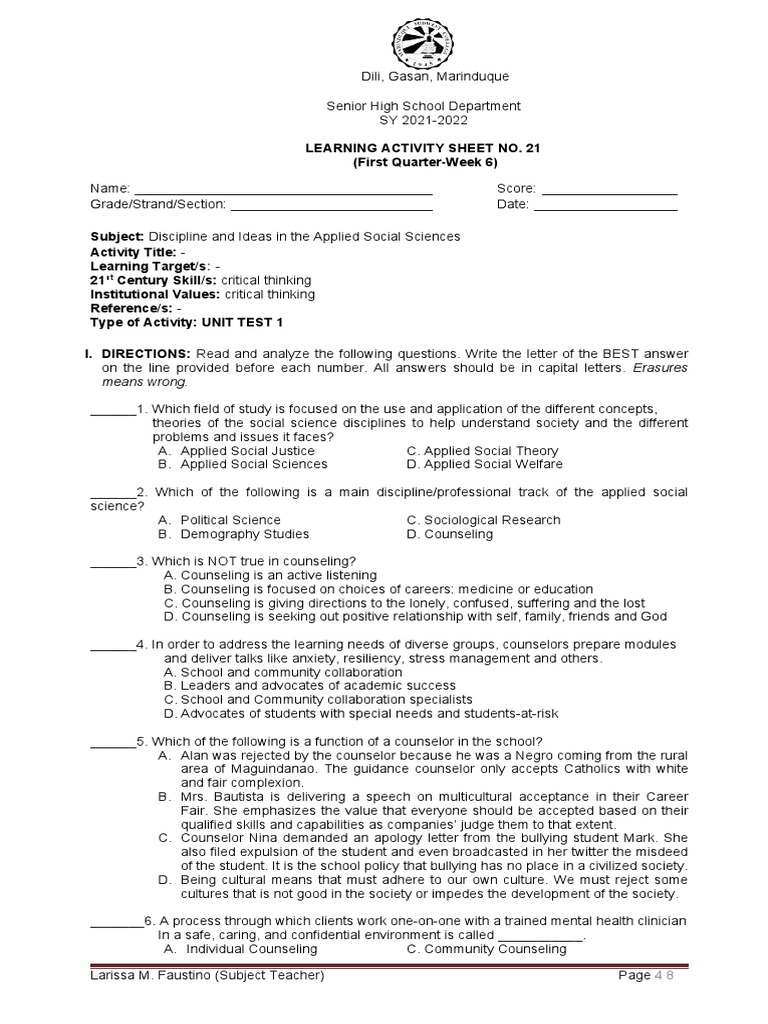 Applying Social Sciences Concepts in Guidance and CounselingThis ...