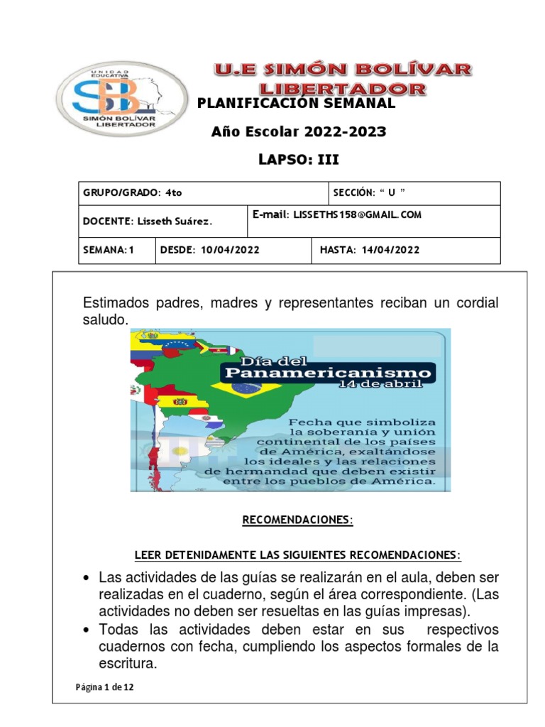 Planificación Semanal Año Escolar 2022-2023 Llapso: Iii: E-Mail | PDF