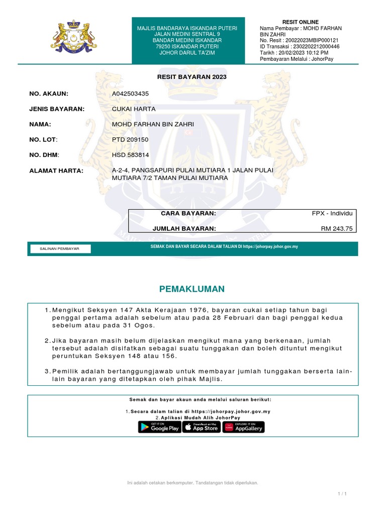 Resit Bayaran 2023 No. Akaun: Jenis Bayaran: Nama: No. Lot: No. DHM ...