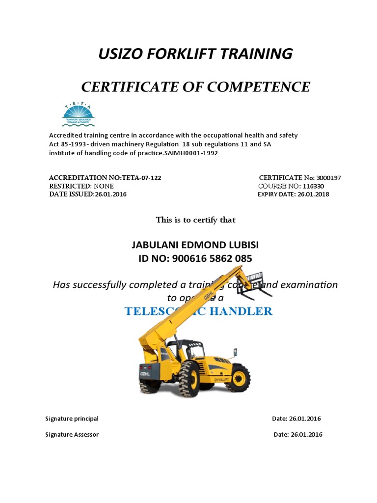 Telescopic Handler Training Certificate | PDF | Technology & Engineering