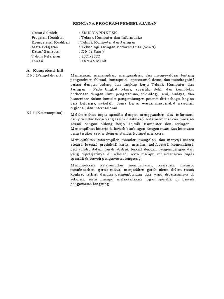 RPP Teknologi Jaringan Berbasis Luas (Wan) | PDF | Karier & Perkembangan | Komputer