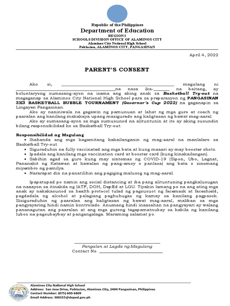 parents-consent Basketball Try-out | PDF