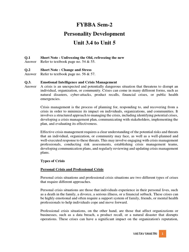 FYBBA Sem-2 Personality Development Unit 3.4 To Unit 5: Q.1 Short Note: Unfreezing The Old ...