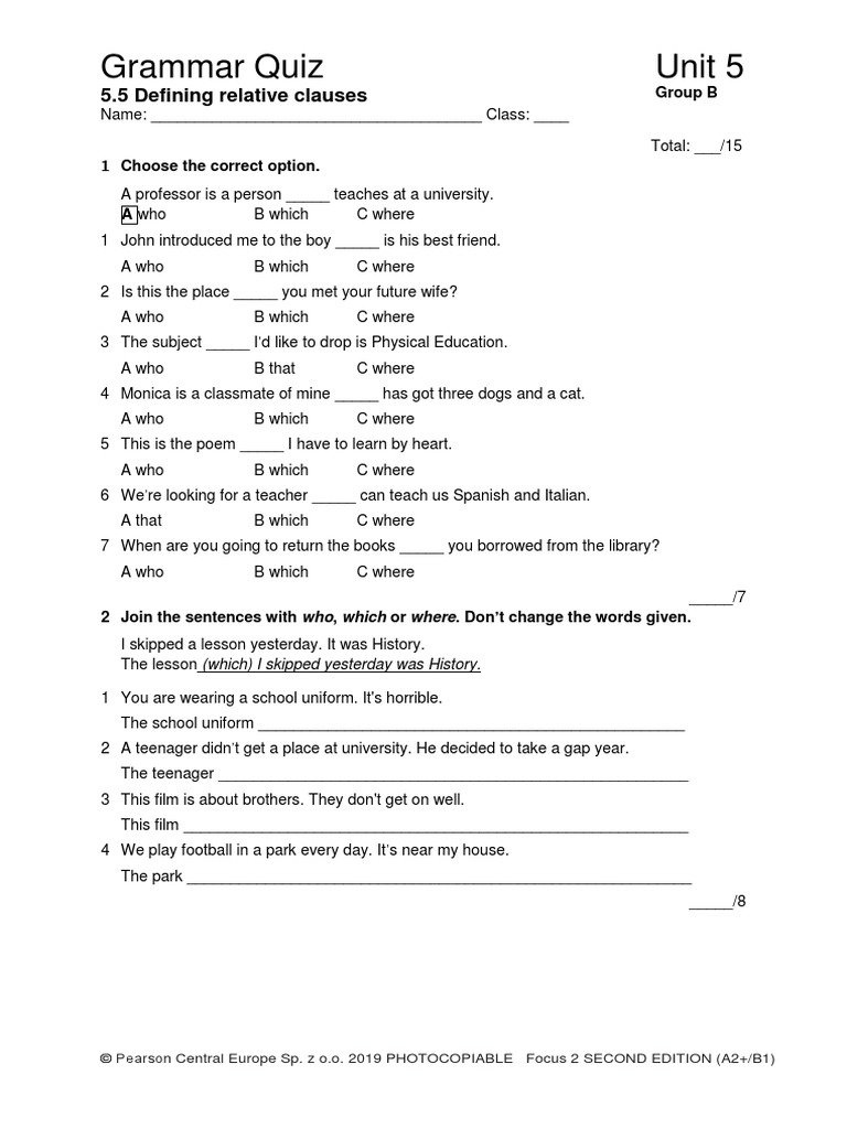 Focus 2 2ed Grammar Quiz Unit5.5 GroupB | PDF