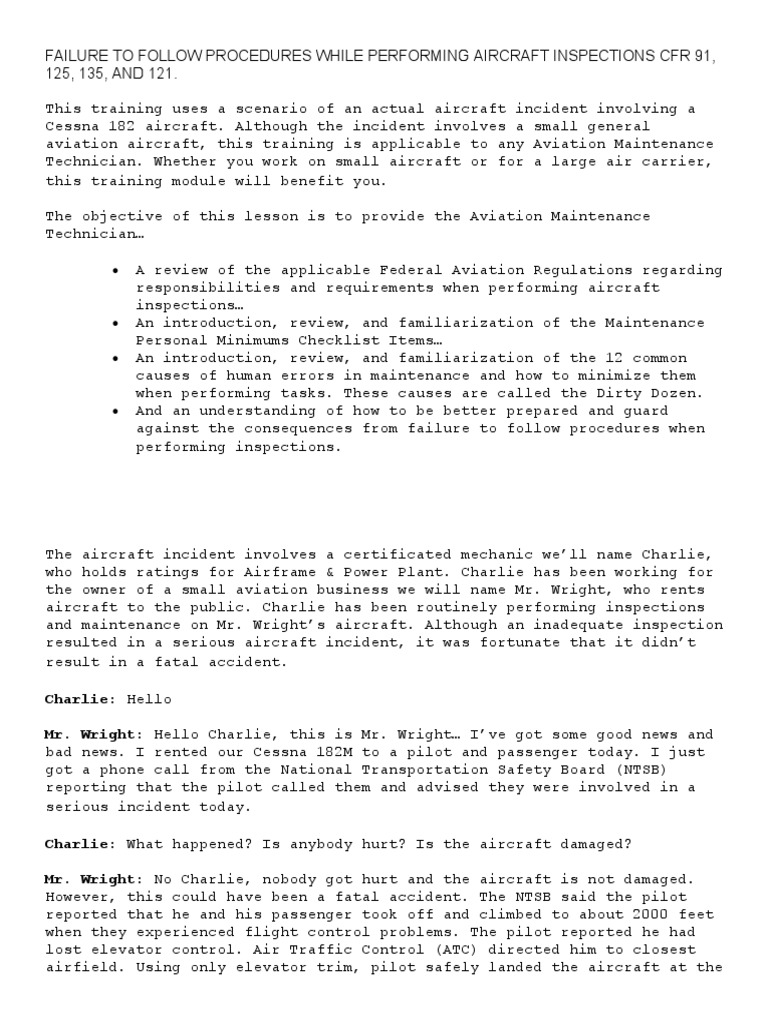 Failure To Follow Procedures While Performing Aircraft Inspections CFR ...
