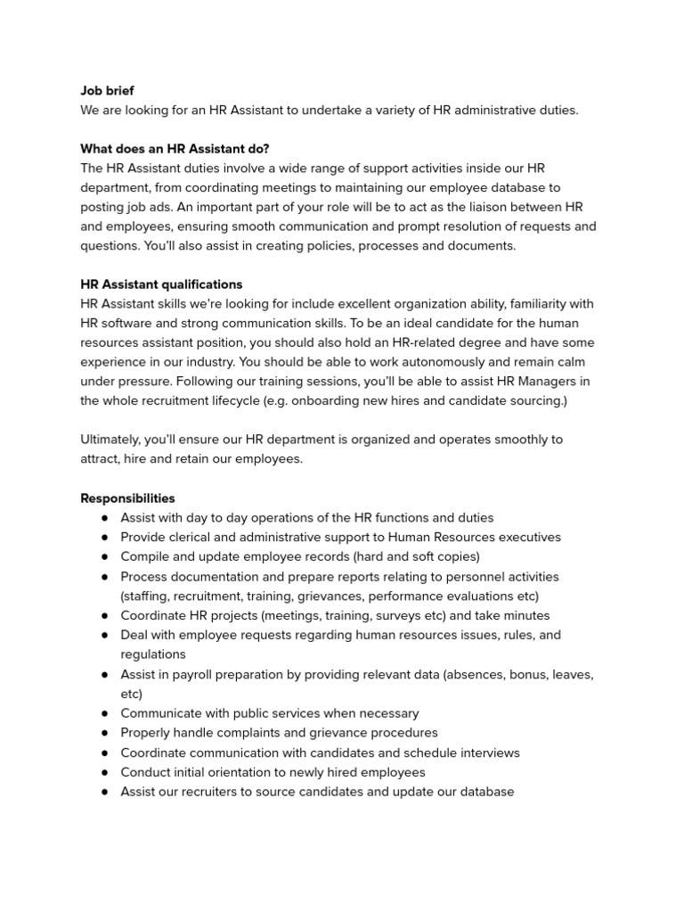 HR Assistant - Job Description | PDF | Human Resources | Human Resource ...