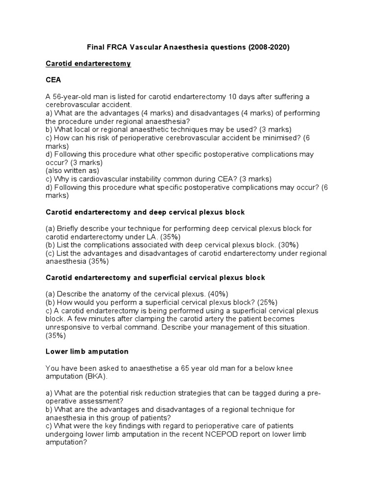 Recent Final Frca Vascular Anaesthesia Questions | PDF | Anesthesia | Surgery