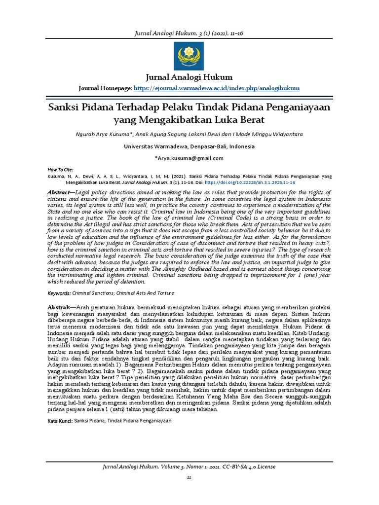 Sanksi Pidana Terhadap Pelaku Tindak Pidana Penganiayaan Yang Mengakibatkan Luka Berat | PDF ...