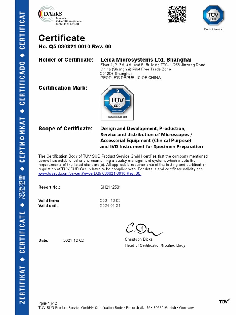 Certificate: No. Q5 030821 0010 Rev. 00 Holder of Certificate: Leica Microsystems Ltd. Shanghai ...