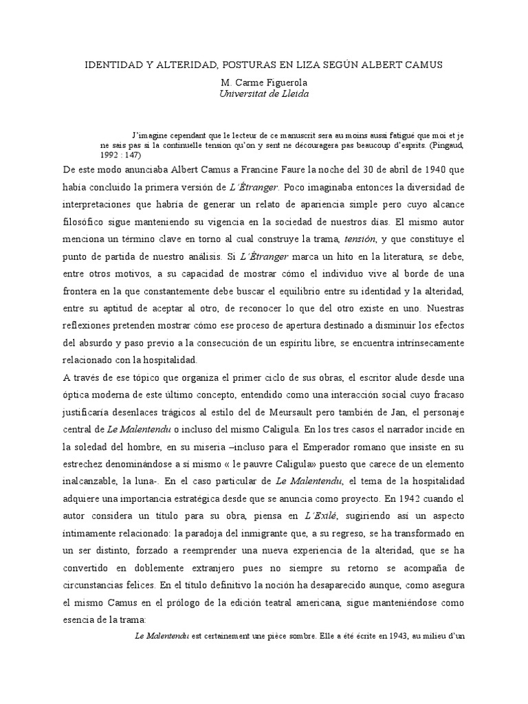 Identidad y Alteridad, Posturas en Liza Según Albert Camus | PDF ...