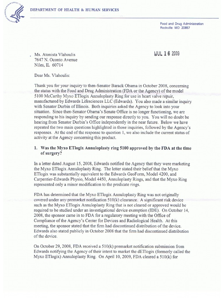 FDA Letter Vlahoulis | PDF | Federal Food | Medical Device