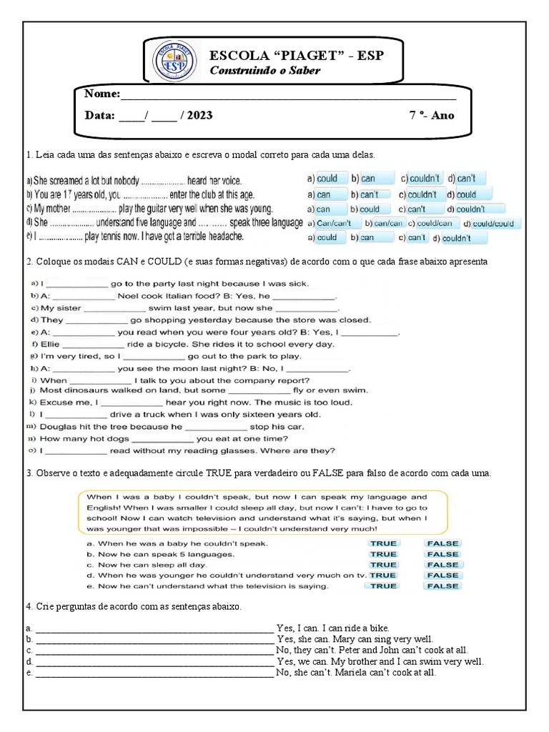 EXERCICIO 7 ANO (exercicios can -could - may - might) ok | PDF